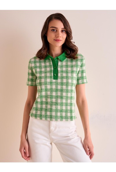Jimmy Key Kadın Yeşil Düz Kesim Polo Yaka Ekose Desenli Örme T-Shirt