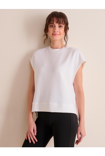 Jimmy Key Kadın Beyaz Düz Kesim Bisiklet Yaka Kısa Kollu Örme Sweatshirt