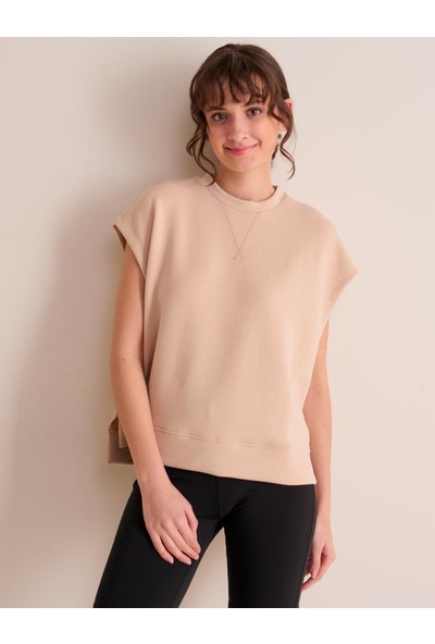 Jimmy Key Kadın Bej Düz Kesim Bisiklet Yaka Kısa Kollu Örme Sweatshirt