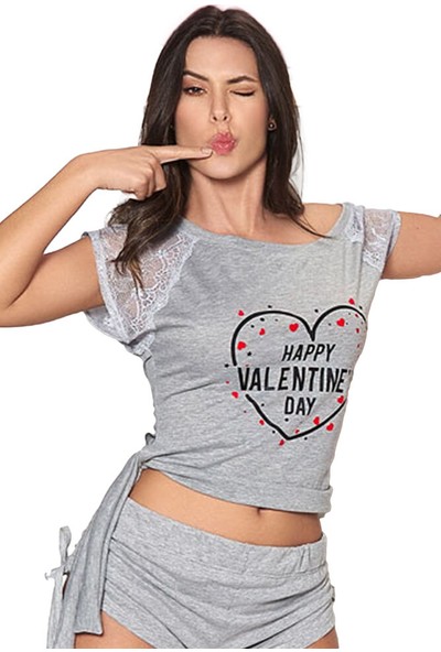 Tiessi Kadın Gri Sevgililer Günü Özel Tasarım Pijama Takımı