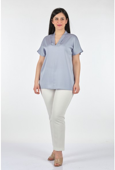 Ekol V Yaka Düşük Kol Mavi Bayan Bluz 22103538