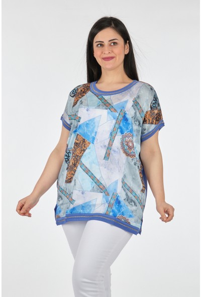 Twomail Yuvarlak Yaka Desenli Düşük Kol Mavi Bayan Bluz MY2250021639