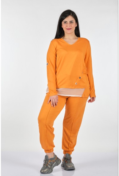 Vedi-Bb V Yaka File Detaylı Uzun Kol Oranj Bayan Sweat Shırt 22122311