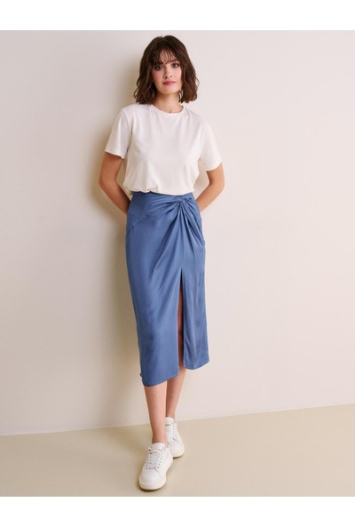 Jimmy Key Kadın Mavi Yüksek Bel Önden Yırtmaçlı Beli Büzgülü Saten Etek Jimmy Key Kadın Mavi Yüksek Bel Önden Yırtmaçlı Beli Büzgülü Saten Etek