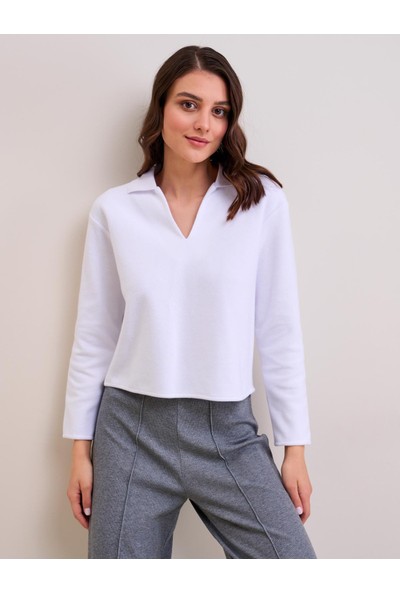 Jimmy Key Kadın Beyaz Düz Kesim Uzun Kollu Organik Pamuklu Örme Triko Kazak