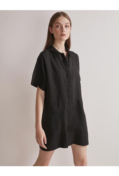 Jimmy Key Kadın Siyah Gömlek Yaka Kısa Kolu Keten Tulum