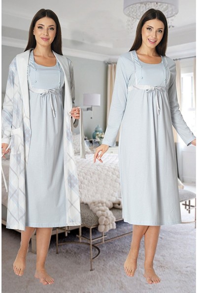 Effortt Fiyonk Detaylı Sabahlıklı Gecelikli Mavi Lohusa Seti Effortt Fiyonk Detaylı Sabahlıklı Gecelikli Mavi Lohusa Seti