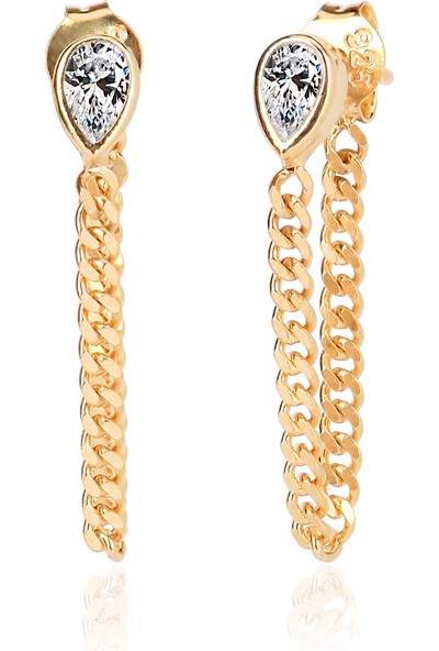 Coşar Silver Zirkon Taşlı Pırlanta Montür Altın Kaplama Zincirli Damla Gümüş Küpe