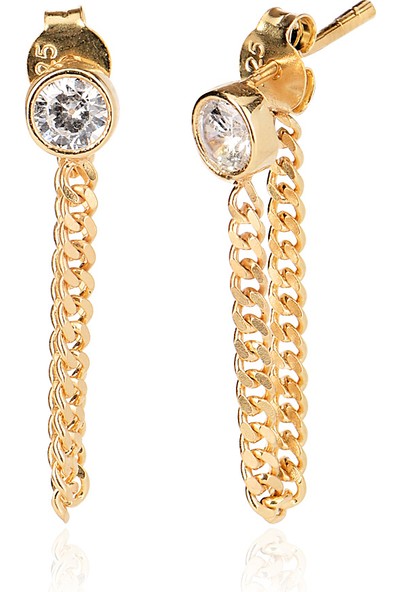 Coşar Silver Zirkon Taşlı Pırlanta Montür Altın Kaplama Zincirli Gümüş Küpe