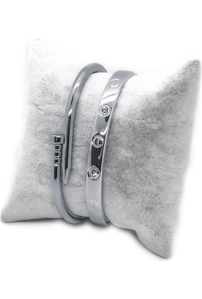 X-lady Accessories Gümüş Renk Çivi ve Taşlı Cartier Bileklik Set 945