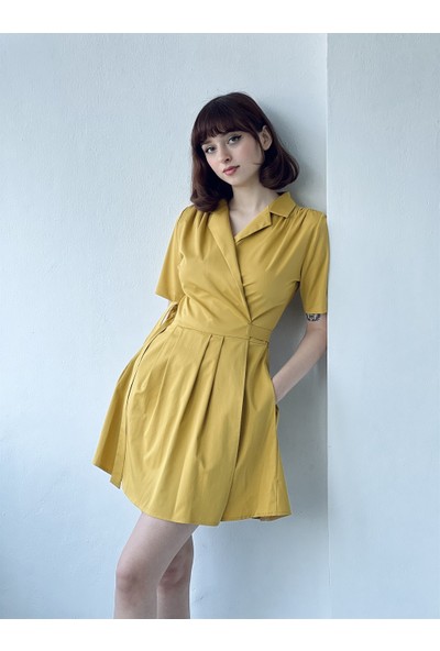 Retrobird Lady Kruvaze Mini Elbise Kadın Hardal