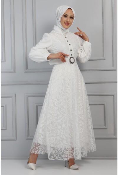 Dantelli Düğmeli Abiye Beyaz