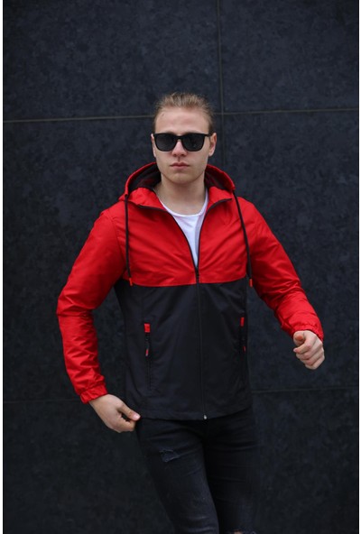 Famoda Rüzgar ve Su Dayanıklı Çift Renk Kırmızı Yağmurluk Ceket