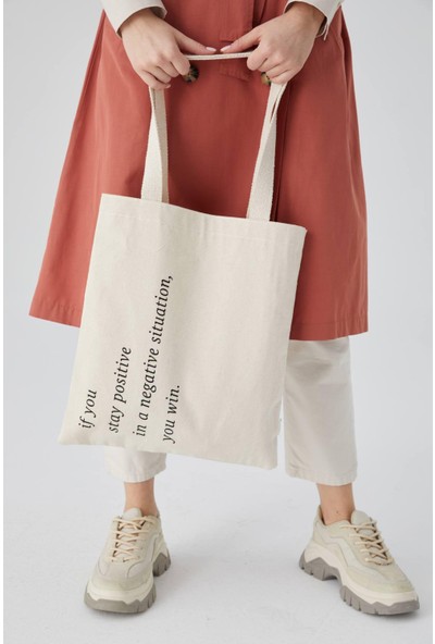 Manuka Baskılı Bez Çanta Stay Posıtıve