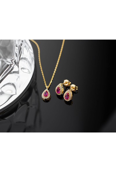 Gümüşistan 925 Ayar Gümüş Temmuz Ayı Doğum Taşı ( Ruby ) Kolye - Küpe Seti