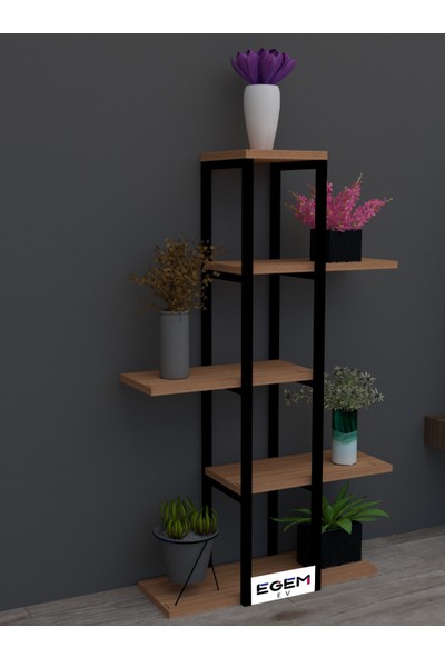 Egem Metal Gövdeli Ahşap Saksı Standı Metal Profil Saksılık Çiçek Rafı Ceviz 5 Raf Çiçeklik