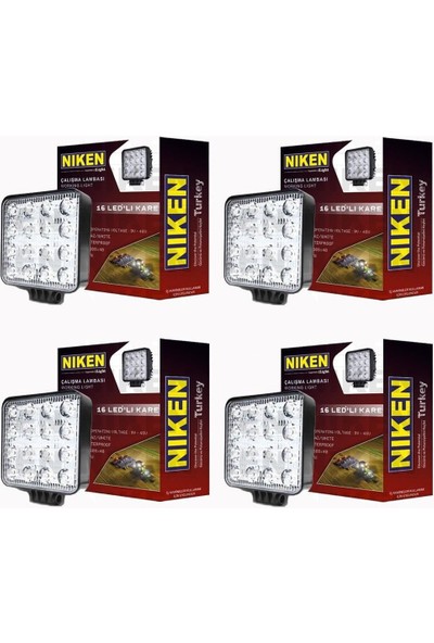 Niken 16 LED Kare Off Road Sis Farı Çalışma Lambası 4 Adet 12-24V 27W Niken 16 LED Kare Off Road Sis Farı Çalışma Lambası 4 Adet 12-24V 27W