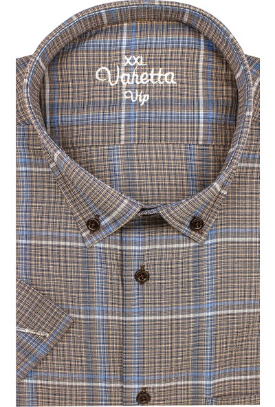 Erkek Kahverengi Büyük Beden Kısa Kol Kareli Yaka Düğmeli Gömlek