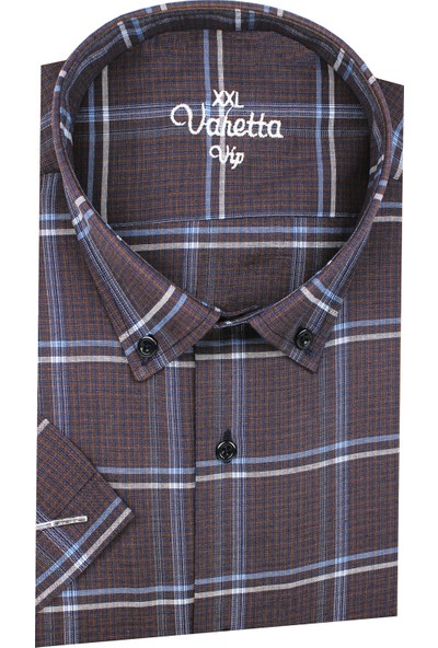 Erkek Kahverengi Lacivert Büyük Beden Kısa Kol Kareli Yaka Düğmeli Gömlek