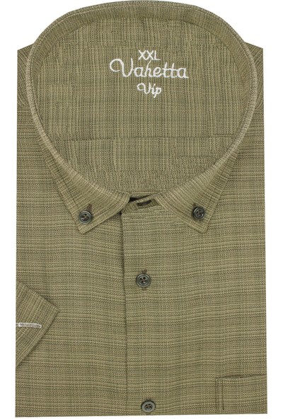 Erkek Haki Büyük Beden Kısa Kol Kareli Yaka Düğmeli Gömlek