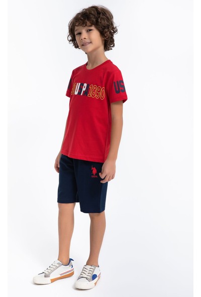 Us Polo Assn Kırmızı Siyah Erkek Çocuk Bisiklet Yaka Bermuda Takım 1097