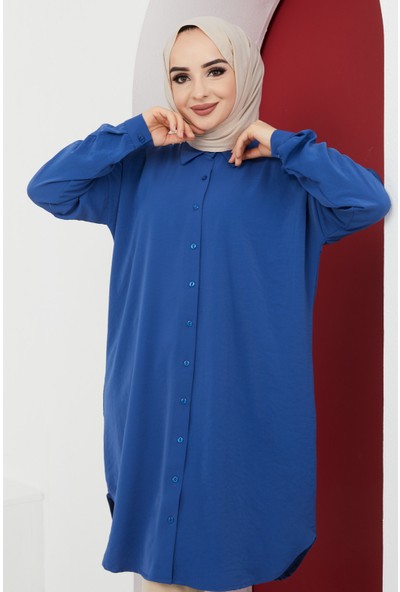 İmaj Butik Büyük Beden Gömlek Yaka Düğmeli Tesettür Tunik/indigo
