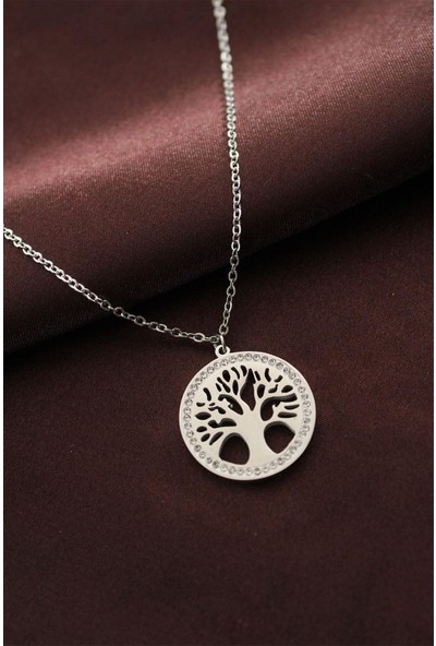 Erbilden Çelik Silver Renk Zirkon Taşlı Yaşam Ağacı Kolye