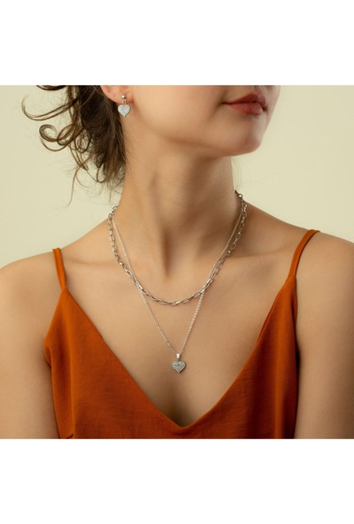 Gümüşistan 14 Ayar Altın Kaplama Kalpli Çift Zincir Kolye - Küpe Seti Gümüşistan 14 Ayar Altın Kaplama Kalpli Çift Zincir Kolye - Küpe Seti