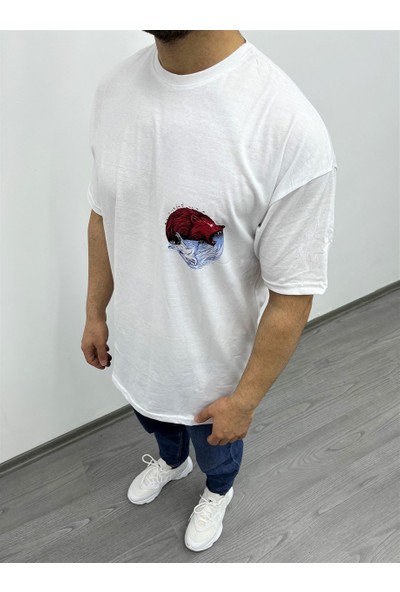 Bufour Beyaz Kurt Baskılı Oversize Tshirt