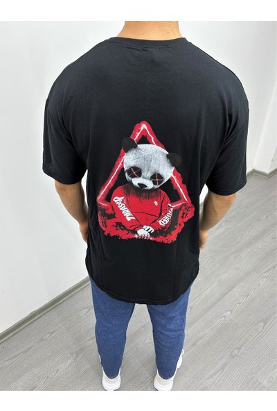 Bufour Siyah Panda Baskılı Oversize Tshirt