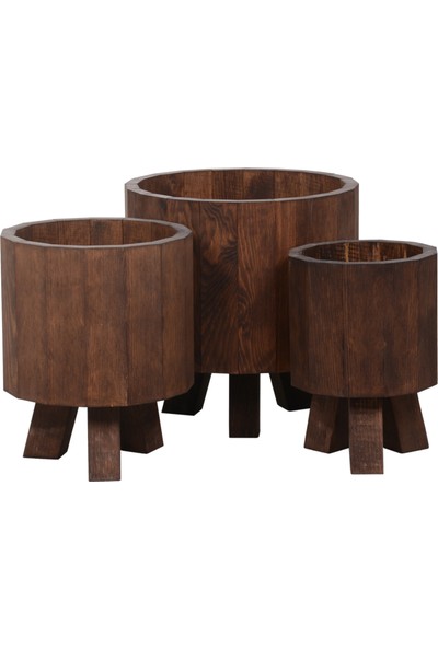 Woodingo Ahşap Ceviz Renkli 3'lü Yuvarlak Saksı Seti