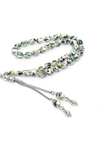 Qalitte Pres Kehribar Parçacıklı Tesbih Arpa Kesim Renkli Metal Püsküllü Uygun Fiyatlı Tesbih