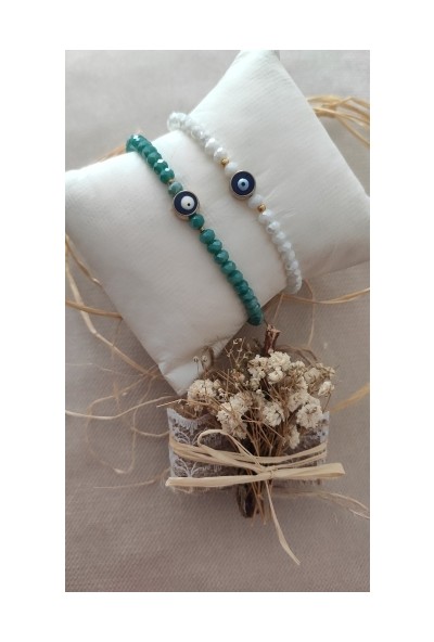 Esey Dizayn Kristal Nazar Boncuklu Beyaz ve Yeşil Bileklik