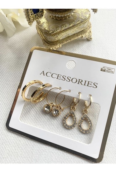 Mingy Zirkon Taşlı Damla Temalı Gold Renk Çoklu Küpe Seti Mingy Zirkon Taşlı Damla Temalı Gold Renk Çoklu Küpe Seti