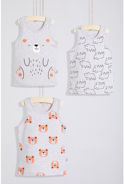 Çizgi Kids Erkek Çocuk %100 Pamuk Ayıcık Baskılı Gri Üçlü Atlet