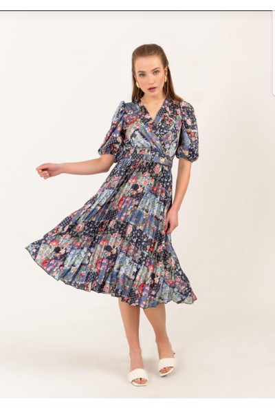 Less Lilas Kadın Çiçek Desenli Saten Midi Elbise