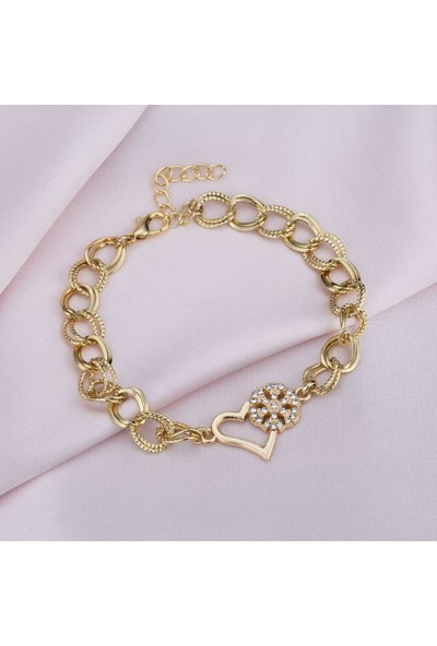 14 Ayar Altın Kaplama Kalpli Kartanesi Trend Bileklik