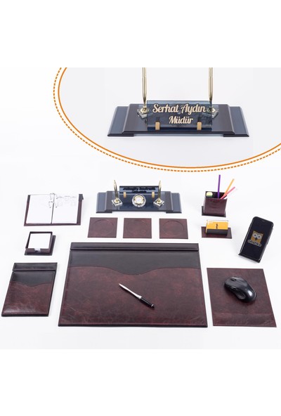 Ofistike 11 Parça Bordo Siyah Lüks Sümen Takımı Elit Isimlik Lüks Sümen Seti