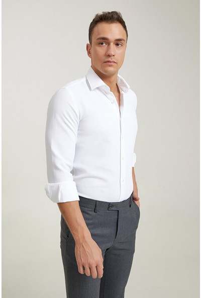 Ds Damat Slim Fit Beyaz Armürlü Gömlek