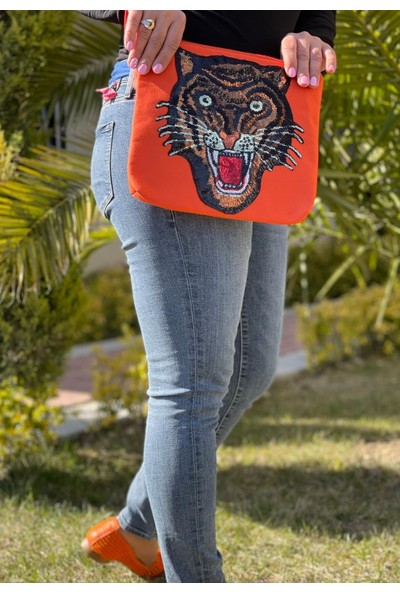 Gönülden Tasarım Kaplan Payet Aplike Turuncu El Çantası Clutch Portföy