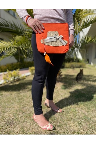 Gönülden Tasarım Hasır Kurdeleli Deri Püsküllü Şapka Aplikeli Tasarım Portföy,clutch Çanta