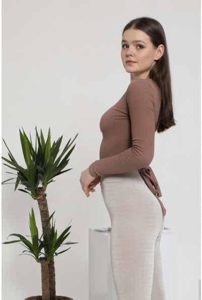 Pilise Kadın Gül Kurusu Bel Bağlama Detaylı Crop Bluz