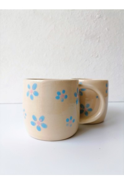 Kriya Herbs Co El Yapımı Seramik Fincan Kahve Fincanı Mavi Çiçekli