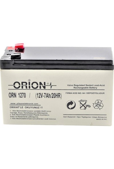 Orion ORN1270 12V 7AH Bakımsız Kuru Akü T2 Soket