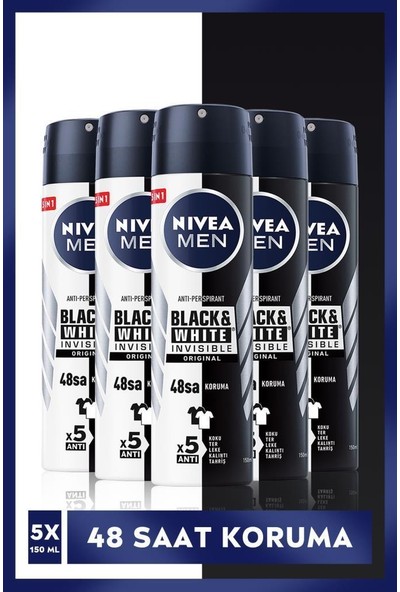 Nivea Men Erkek Sprey Deodorant Black&white Invisible Original 48 Saat Anti-Perspirant Koruma 150ML x 5 Nivea Men Erkek Sprey Deodorant Black&white Invisible Original 48 Saat Anti-Perspirant Koruma 150ML x 5