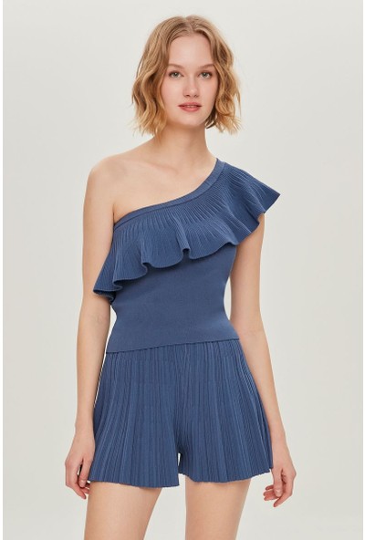 Volanlı Tek Omuzlu Mavi Triko Bluz Volanlı Tek Omuzlu Mavi Triko Bluz