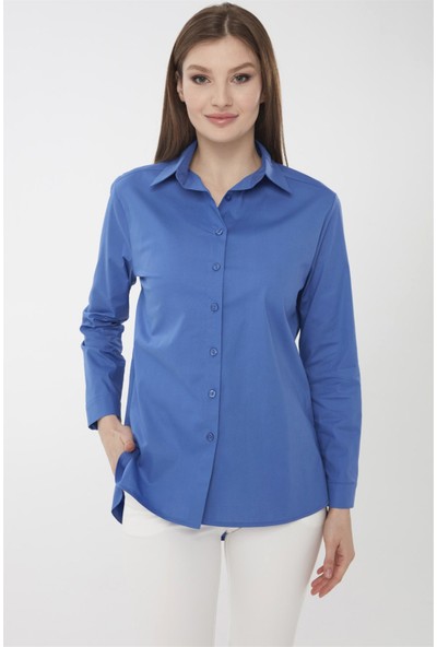 Desen Triko Kadın Koton Uzun Gömlek Saks Desen Triko Kadın Koton Uzun Gömlek Saks