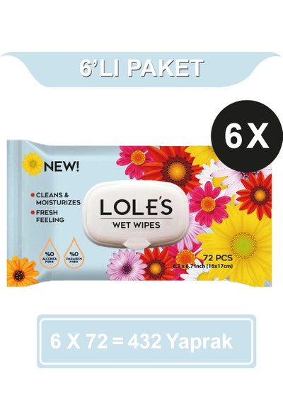 Lole's Genel Kullanım Islak Mendil 6X72 Adet 432 Yaprak Lole's Genel Kullanım Islak Mendil 6X72 Adet 432 Yaprak