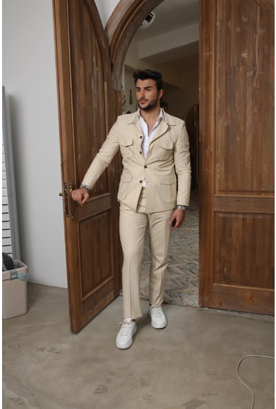 El Suit Beyaz Çizgili Krem Spor Takım Elbise