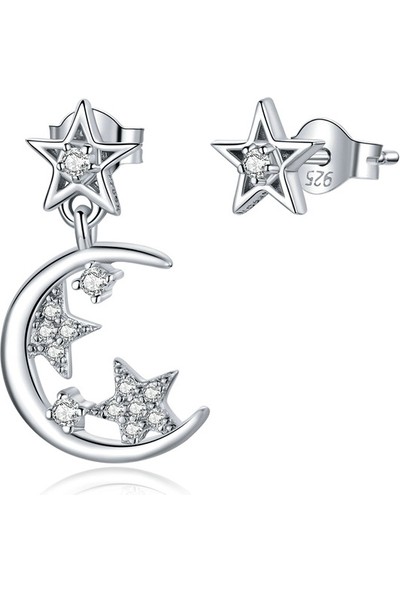 S925 Taşlı Gümüş Asimetrik Yıldız ve Ay Desen Zirkon Vidali Küpe S925 Taşlı Gümüş Asimetrik Yıldız ve Ay Desen Zirkon Vidali Küpe